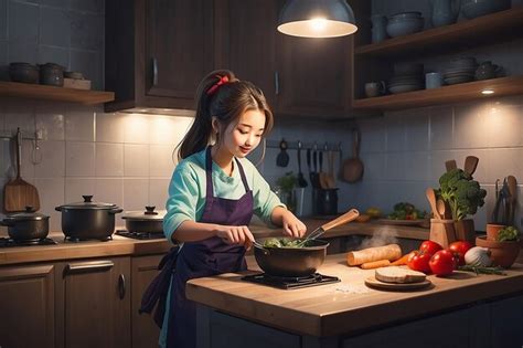 Premium Photo A Girl Cooking Dinner On The Kitchen