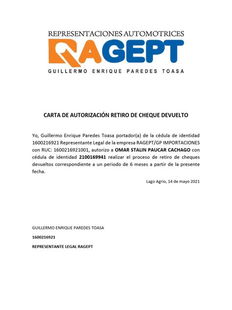 Carta De AutorizaciÓn Retiro De Cheque Devuelto Pdf