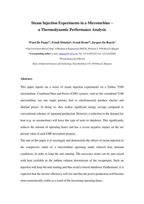 Pdf Steam Injection Experiments In A Microturbine A Thermodynamic Performance Analysis