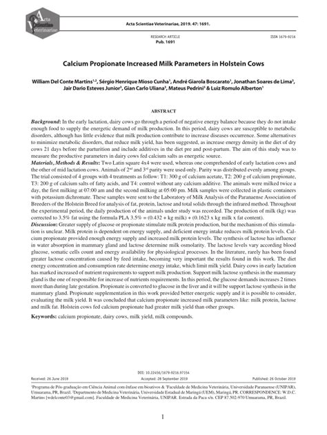 Pdf Calcium Propionate Increased Milk Parameters In Holstein Cows