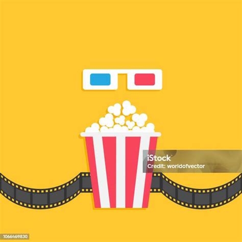 3d 종이 빨간색 파란색 안경 및 팝콘 상자 필름 스트립 라인입니다 영화 영화 아이콘 플랫 디자인 스타일에 설정합니다 노란색 배경입니다 격리 3차원 형태에 대한 스톡 벡터