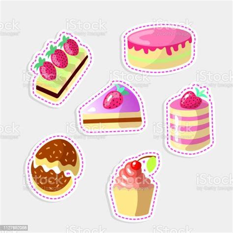 귀여운 만화 달콤한 케이크 벡터 일러스트 레이 션의 설정 상단 및 뿌리 핑크 유약에 딸기와 케이크 아이콘의 다채로운 컬렉션입니다 귀여운 만화 유약 케이크 초콜릿 딸기 달콤한