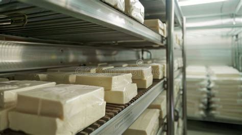 Stacks Of Cheese Blocks Maturing In A Cold Storage Room In Daytime