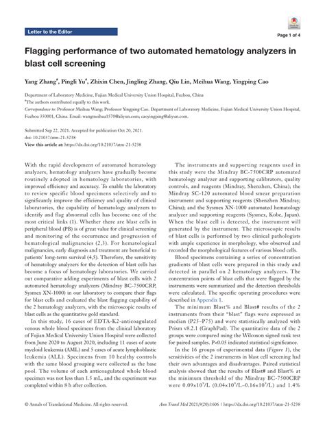 Pdf Flagging Performance Of Two Automated Hematology Analyzers In