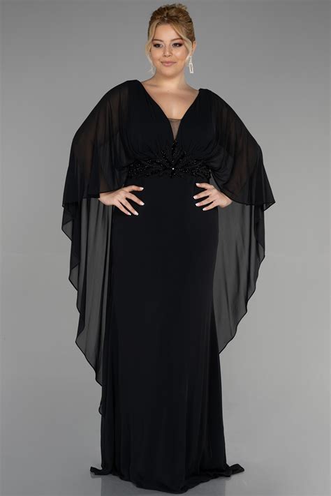 Long Black Chiffon Plus Size Evening Dress Abu3488