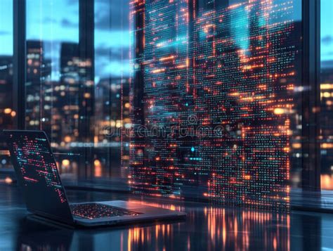 Laptop Showing Source Code In Futuristic Cyberspace Office Environment