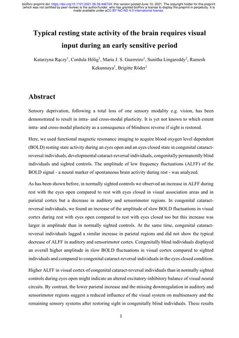 Pdf Typical Resting State Activity Of The Brain Requires Visual Input During An Early