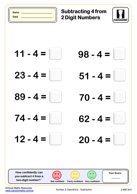 subtracting 4 from two digit numbers 10 questions fun and engaging