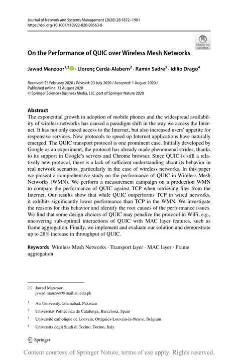 On The Performance Of Quic Over Wireless Mesh Networks Request Pdf