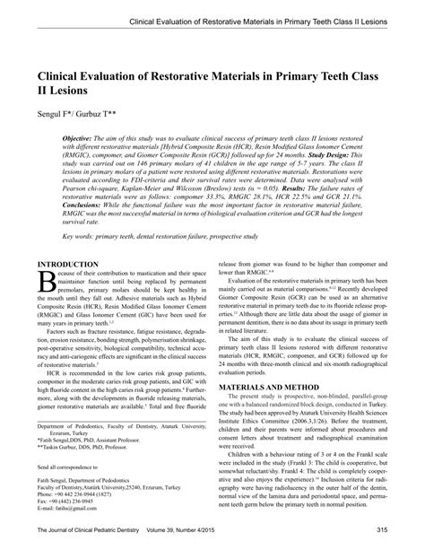 Pdf Clinical Evaluation Of Restorative Materials In Primary Teeth Class Ii Lesions