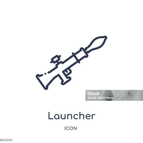 육군 및 전쟁 개요 컬렉션에서 선형 런처 아이콘 얇은 라인 실행 기 벡터 흰색 배경에 고립 런처 트 렌 디 일러스트레이션 무기에