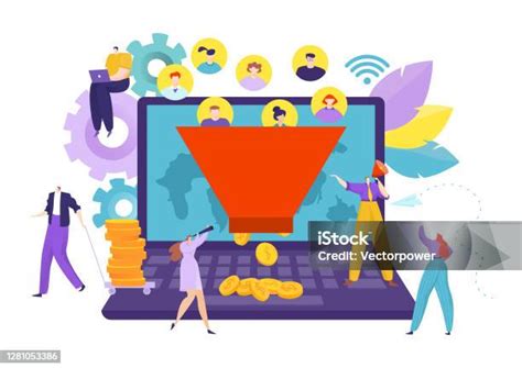 비즈니스 생성 변환 을 동전으로 변환 디지털 필터 벡터 일러스트레이션 금융 깔때기 개념 인터넷 마케팅을 가진 사람들 마케팅에