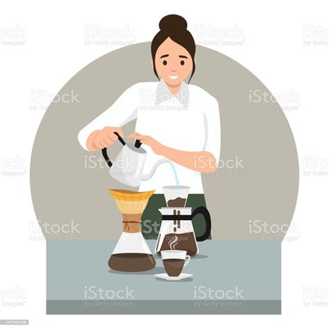 산업용 로스터에서 커피 원두를 로스팅하는 과정 바리스타는 장비의 작동을 모니터링합니다 원시 및 완제품이 들어간 가방 선반에있는 종이 봉지에 포장 된 커피 플랫 만화 벡터