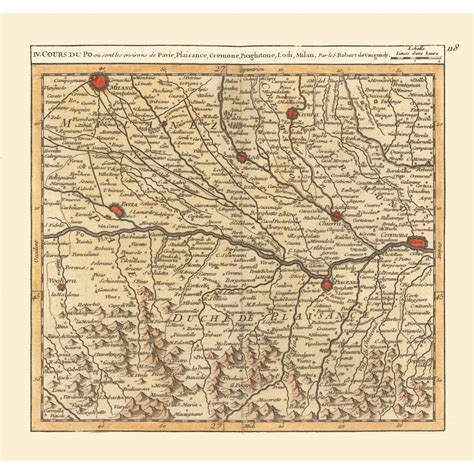 Historic Map Po River Pavia Plaisance Lodi Milan Italy Robert 1748