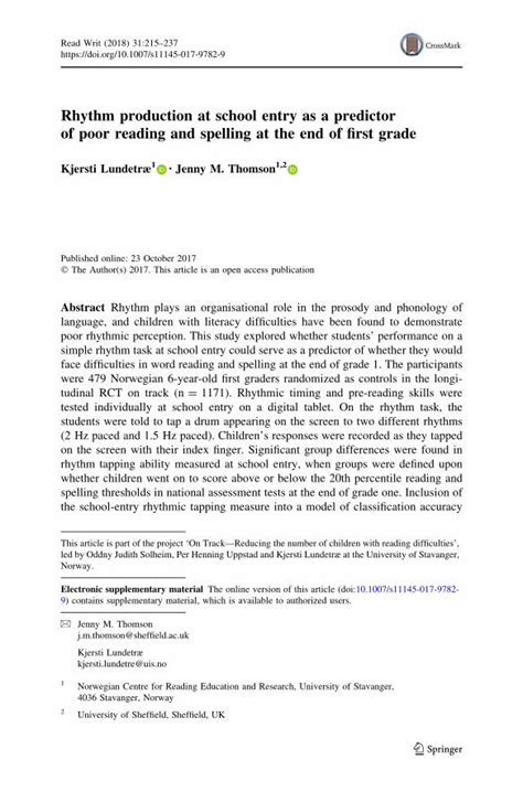 Pdf Rhythm Production At School Entry As A Predictor Of Poor
