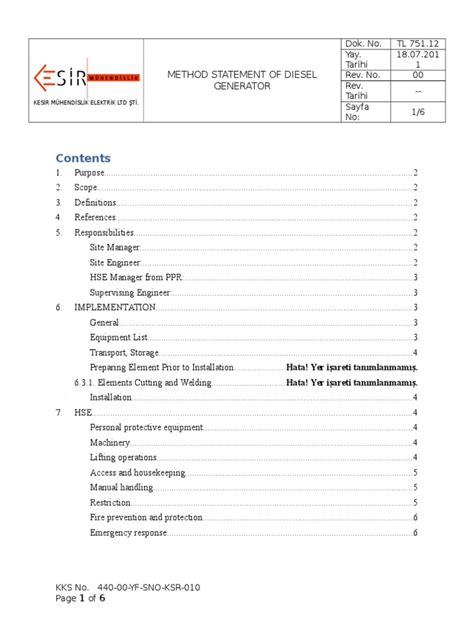 Method Statement For Diesel Generator Personal Protective Equipment