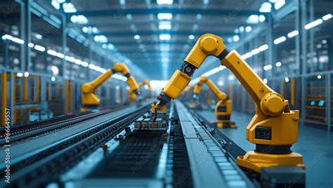 Modern Industrial Robots Working On An Assembly Line In A High Tech