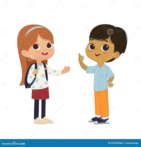 Cartoon Vector Illustration Of The Smiling Cute Boy And Girl Pointing