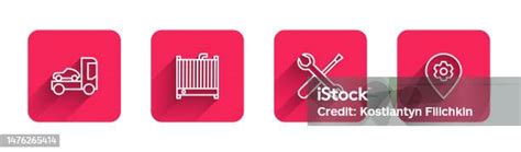 세트 라인 자동차 운송 트럭 라디에이터 냉각 시스템 스크루 드라이버 및 렌치 스패너 및 긴 그림자가있는 자동차 서비스가있는 위치