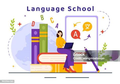 Language School 벡터 일러스트 레이 션 온라인 학습 코스 교육 프로그램 및 평면 배경에서 해외 외국어 공부