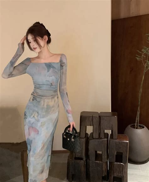 유화 넥타이 염료 슬림 드레스 Gyaru 스커트 새로운 중국 섹시한 허리 포옹 슬리밍 칼집 긴 드레스 여성 가을