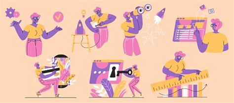 비즈니스 컨셉 일러스트레이션으로 설정합니다 비즈니스 액티비티에 참여하는 여성과의 장면 새로운 스타트업실현 정보 데이터 보호 작업