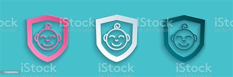 종이는 파란색 배경에 고립 된 방패 아이콘에 아기를 잘라 어린이 안전 표지판 종이 아트 스타일 벡터 3차원 형태에 대한 스톡 벡터 아트 및 기타 이미지 Istock