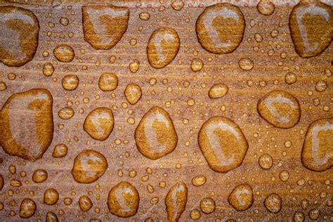 빗물에 젖은 나무 판자에서 반짝이는 물방울이 있는 옻칠한 나무 질감의 수평 배경 프리미엄 사진