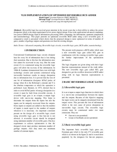 Pdf Vlsi Implementation Of Optimized Reversible Bcd Adder
