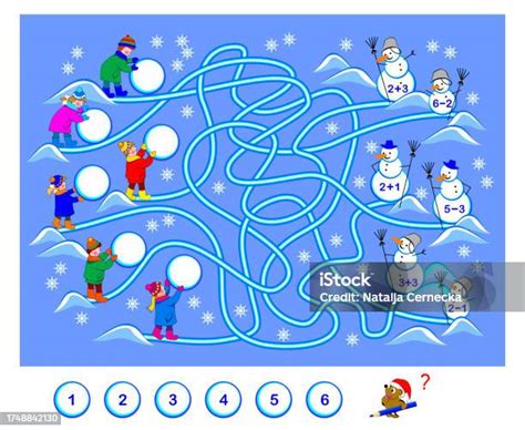 어린이를 위한 수학 교육 아이들을 위한 미로가 있는 논리 퍼즐 게임 예제를 풀고 길을 찾고 눈덩이에 숫자를 쓰세요 온라인 플레이