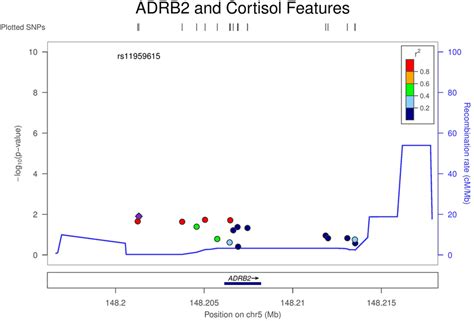 Locuszoom Plot Of The Association Between All Snps In The Adrb2 Gene Locuszoom Plot Of The Association Between All Snps In The Adrb2 Gene