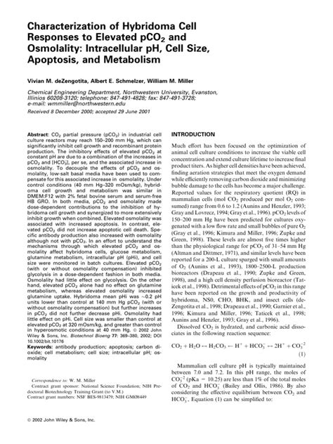 Characterization Of Hybridoma Cell Responses To Elevated Pco2 And Osmolality Intracellular Ph