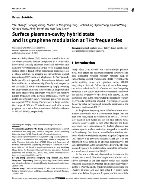 Pdf Surface Plasmon Cavity Hybrid State And Its Graphene Modulation At Thz Frequencies
