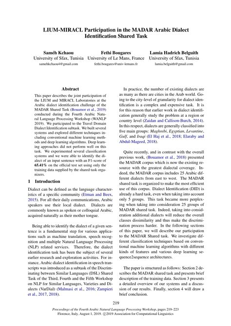 Pdf Lium Miracl Participation In The Madar Arabic Dialect Identification Shared Task