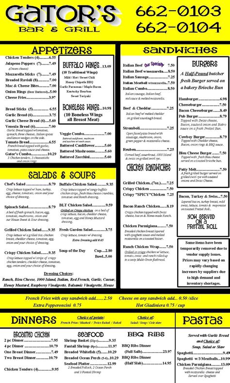 Menu At Gators Bar And Grill Lakes Of The Four Seasons