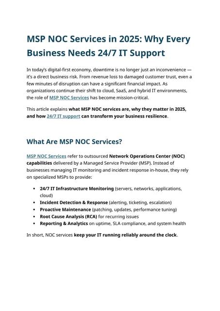 Msp Noc Services In 2025 Why Every Business Needs 247 It Support Docx