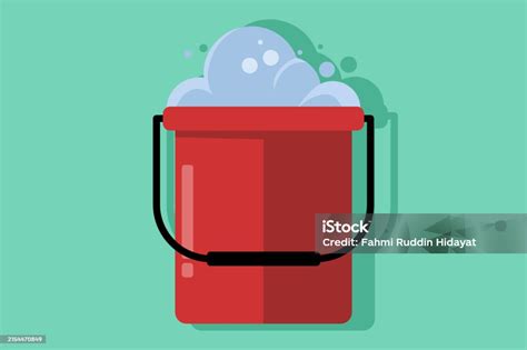 청소 장비 개념 물통 아이콘 평평한 만화 양동이 또는 거품과 거품 브러시 거품 스폰지 및 비누 평면 벡터 그림이 배경에 고립되어 있습니다 0명에 대한 스톡 벡터 아트 및