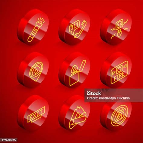 라인 손전등 전화 911 전기 스파크 화재 불꽃이 있는 위치 라이터 화재 경보 시스템 출구 및 캠프파이어 아이콘을 설정합니다