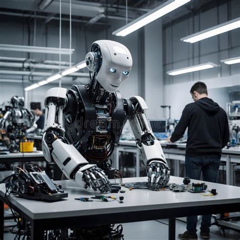 engineers assembling humanoid robot in high tech robotics lab with 3d