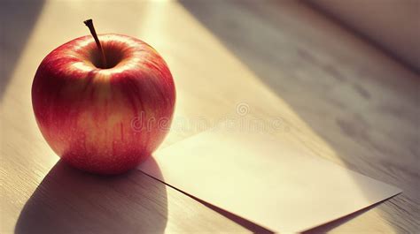 A Single Red Apple With A Stem Sitting On A Surface With Light