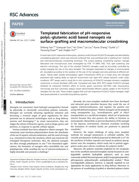 Pdf Templated Fabrication Of Ph Responsive Poly L Glutamic Acid Based Nanogels Via Surface