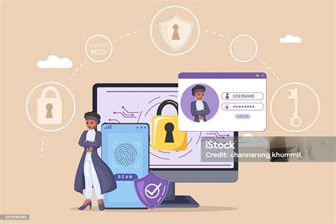 다단계 인증 보안 잠금 장치와 보안 방패로 보호되는 모바일 장치에서 지문 스캔과 컴퓨터에서 암호 로그인을 감독하는 여성 사업가 노트북에 대한 스톡 벡터 아트 및 기타 이미지