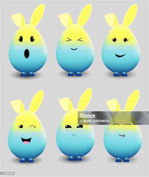 귀여운 부활절 달걀을 카와이 스타일로 설정하십시오 3d 해피 홀리데이 인사말 카드 템플릿 디자인 요소 감정에 대한 스톡 벡터 아트 및 기타 이미지 Istock