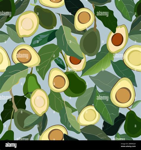 Seamless Pattern With Leaves And Fruits Avocado Tree On A Blue