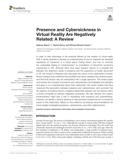Pdf Presence And Cybersickness In Virtual Reality Are Negatively Related A Review