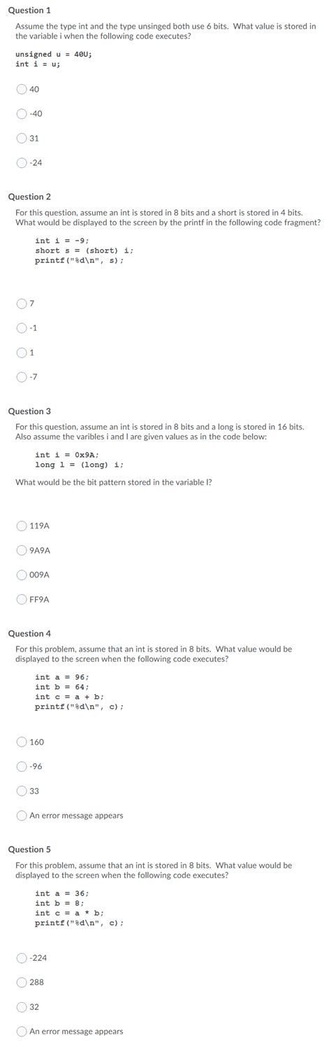 Solved Question Assume The Type Int And The Type Unsinged Chegg