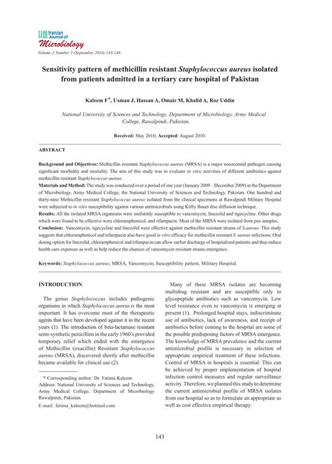Pdf Sensitivity Pattern Of Methicillin Resistant Staphylococcus Aureus Isolated From Patients