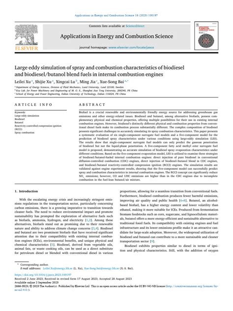 2023 Large Eddy Simulation Of Spray And Combustion Characteristics Of Biodiesel And Biodiesel