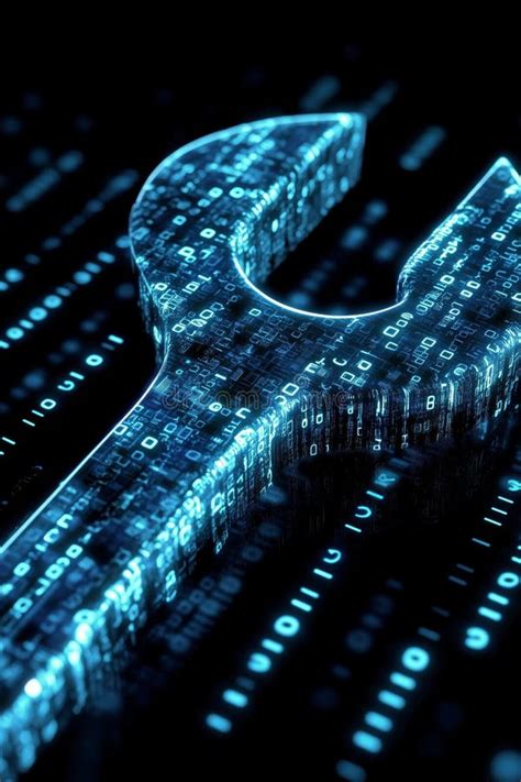 digital wrench with binary code on dark background showing technology