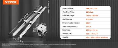 VEVOR Linear Guide Rail Set SBR25 1200mm 2 PCS 47 2 In 1200mm SBR25 Guide Rails And 4 PCS